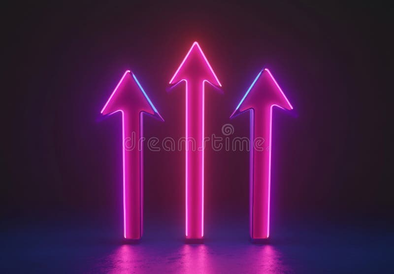Three Bright Neon Arrows Pointing Up on a Dark Surface Stock Image ...