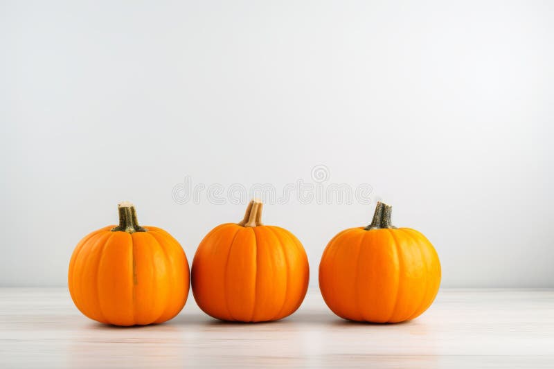 Three Bright Orange Pumpkins on a White Table, Fall or Thanksgiving ...
