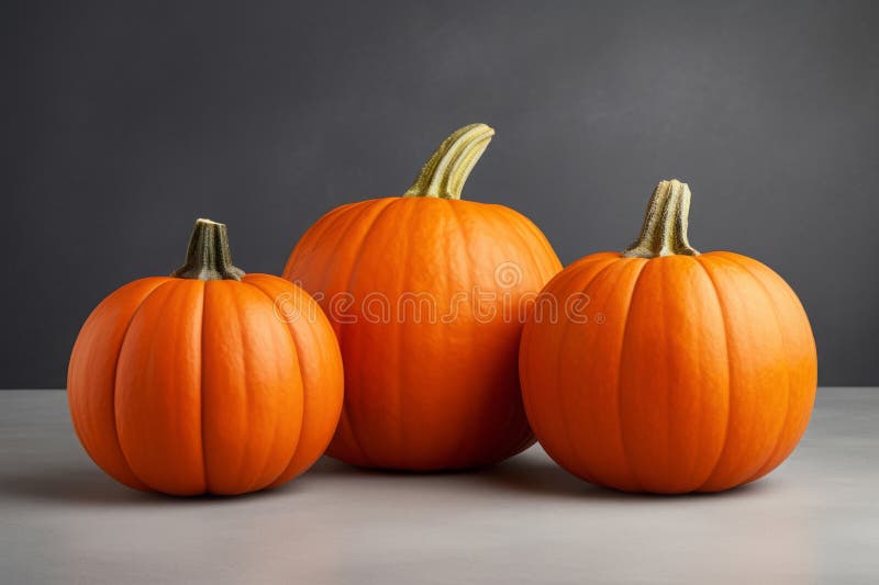 Three Bright Orange Pumpkins on a White Table, Fall or Thanksgiving ...