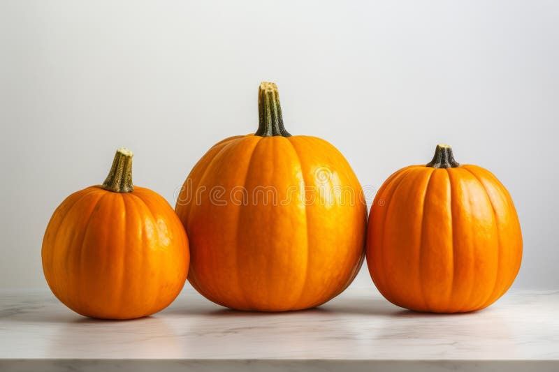 Three Bright Orange Pumpkins on a White Table, Fall or Thanksgiving ...