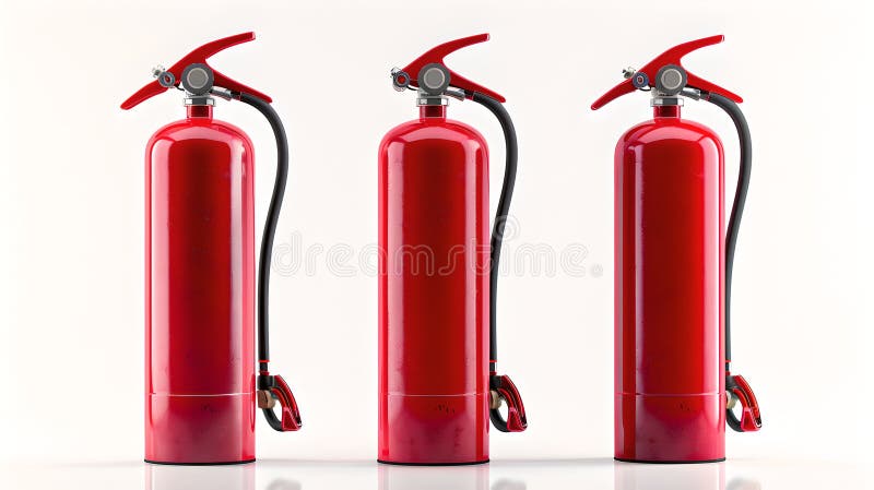 Three Bright Red Fire Extinguishers on a White Background. Simple ...