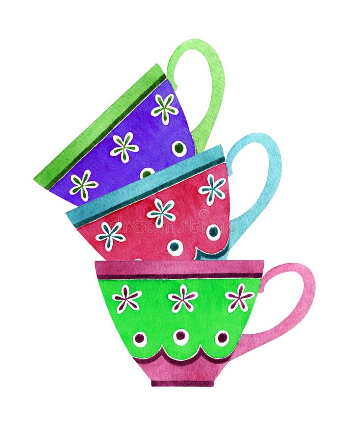 Three Bright Tea Cups. Watercolor Illustration. Stock Illustration ...