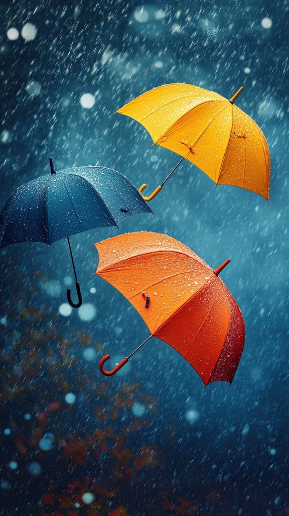 Three Bright Umbrellas Flying in the Storm. Stock Image - Image of ...