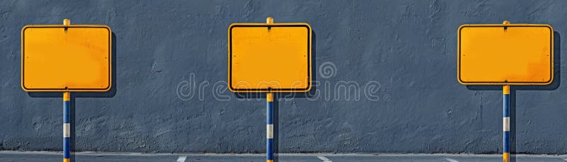 Three Bright Yellow Blank Signs on Blue Wall Background. Empty Space ...
