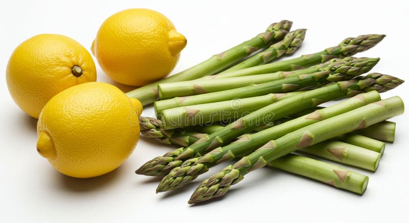 Three Bright Yellow Lemons and a Bundle of Fresh Green Asparagus ...