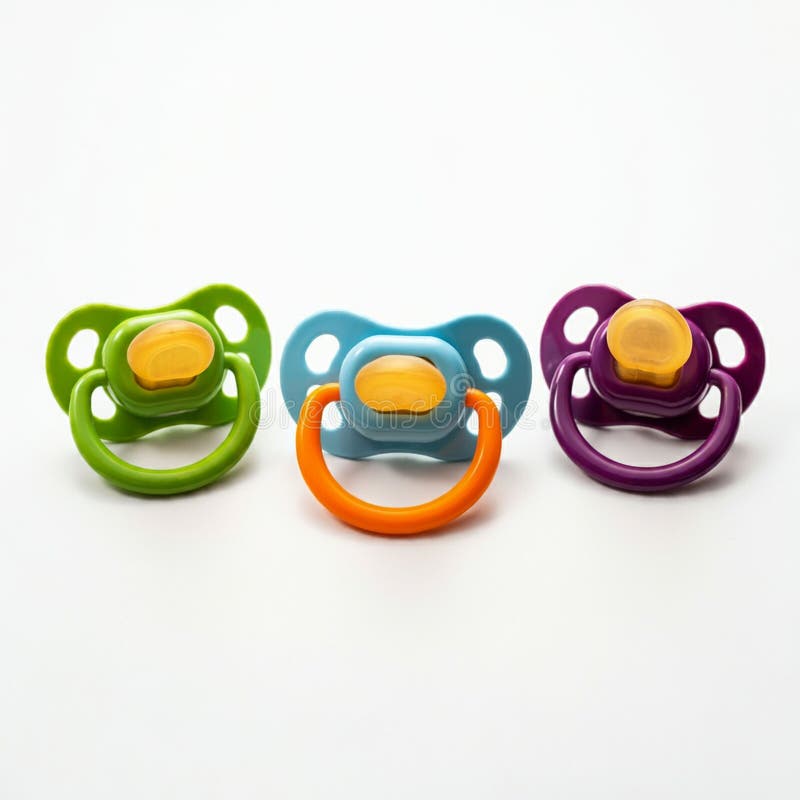 Three Brightly Colored Baby Pacifiers are Displayed Against a White ...