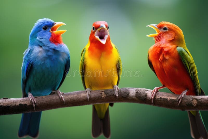 Three Brightly Colored Birds Perched on a Branch Stock Illustration ...