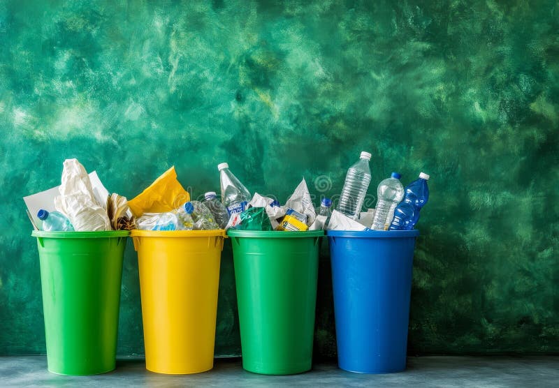 Three Brightly Colored Recycling Bins Packed with Mixed Waste. Stock ...