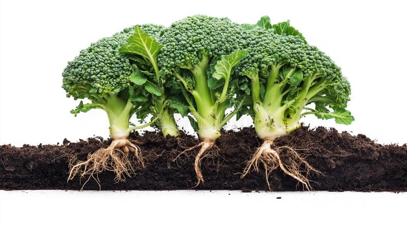 Three Broccoli Plants with Their Roots Visible in the Dirt Stock ...