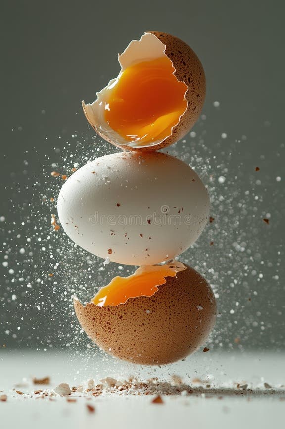 Three Broken Eggs in Mid-air with Yolks Spilling and Shells Cracking on ...