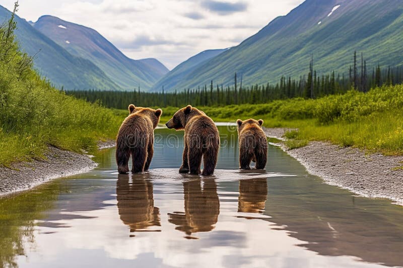 Three Brown Bears Observing Their Reflections in Mountain Stream - AI Generative Stock ...