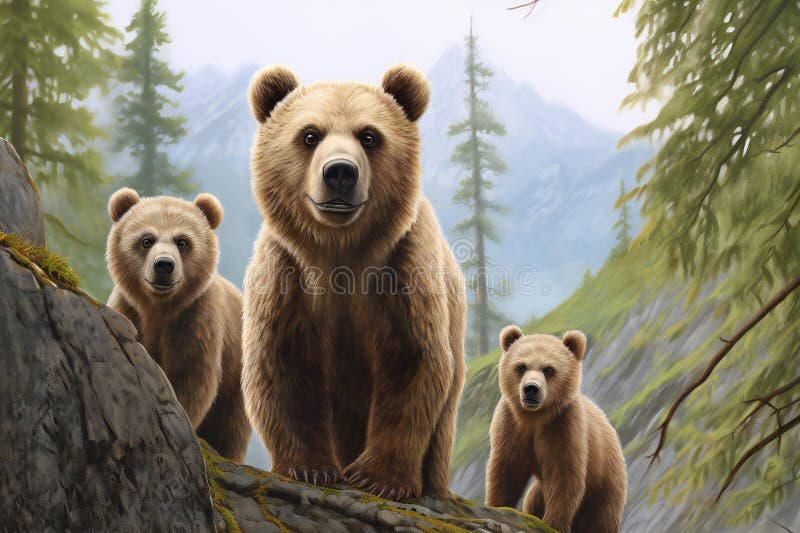 Three Brown Bears Sitting on a Rock in the Forest, Wildlife Scene Stock ...