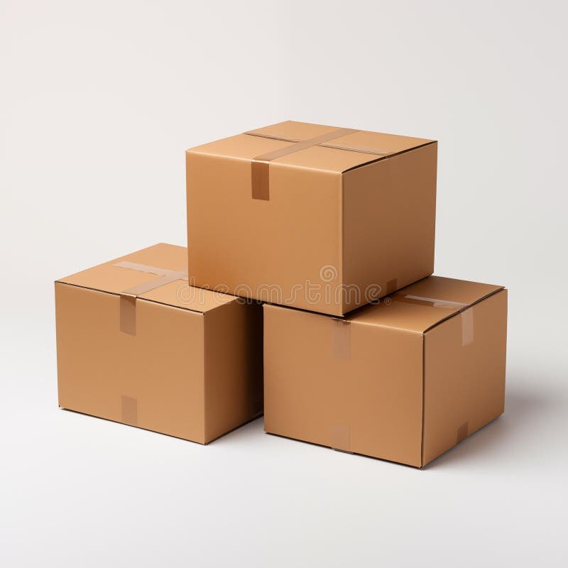 Three Brown Cardboard Boxes Stacked Up Against Each Other on a Plain ...