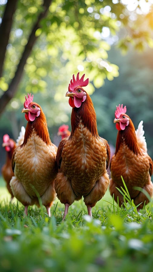Three Brown Chickens in Sunlit Green Grass Under Trees Stock Photo ...