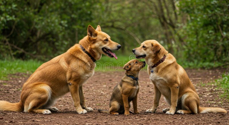 Three Brown Dogs Sitting on Path in Forest Stock Photo - Image of love ...