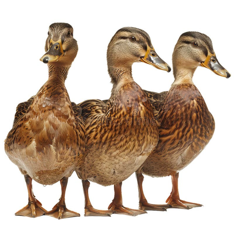 Three Brown Ducks Standing and Looking Right on White Background Stock ...