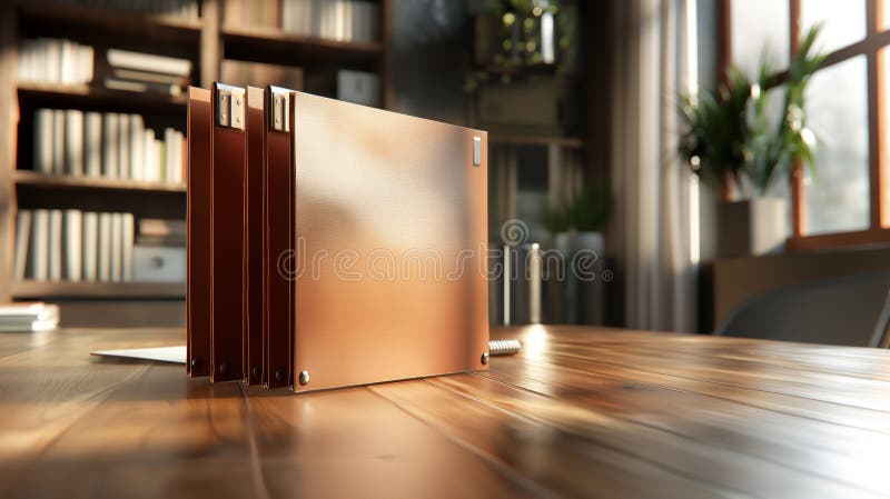 Three Brown File Folders Standing on a Wooden Desk in a Sunlit Library ... Three Brown File Folders Standing on a Wooden Desk in a Sunlit Library ...