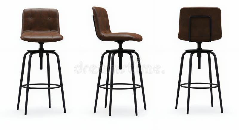 Modern Brown Leather Bar Stools with Black Metal Frames on White ...