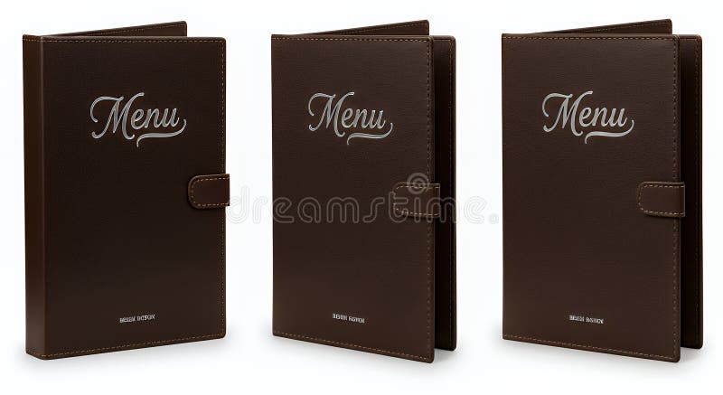 Three Brown Leather Menus with Silver Lettering on White Background ...