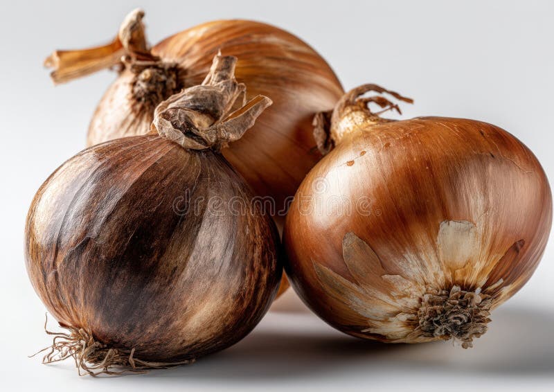 Three Brown Onions are Stacked on a White Surface Stock Photo - Image ...