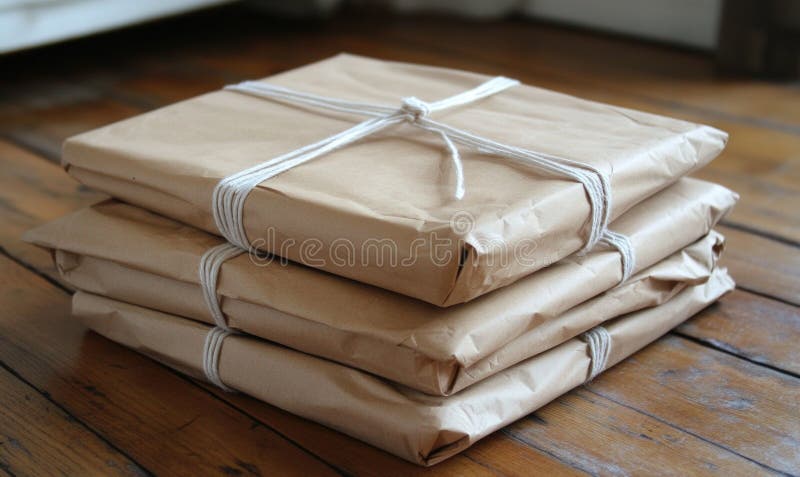 Three Brown Packages of Paper are Tied Together with a String Stock ...