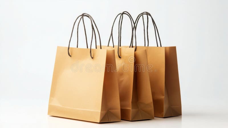 Three Brown Paper Bags with Handles on a White Surface Stock ...