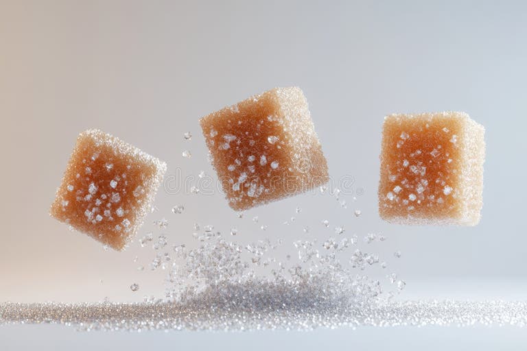 Three Brown Sugar Cubes Floating with Crystals on Light Background ...