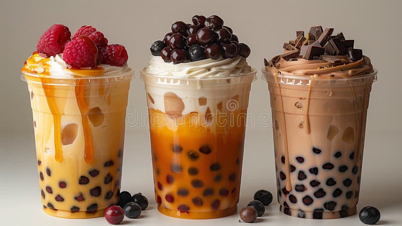 Three Bubble Tea Cups with Various Toppings on the Table Stock Image ...