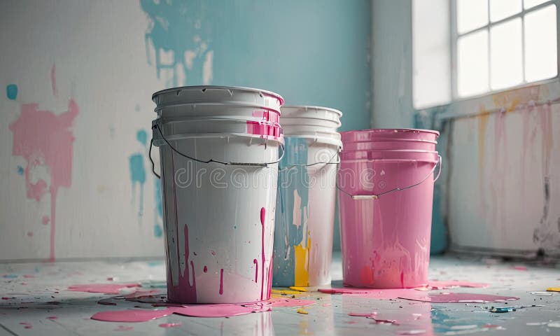 Three Buckets of Paint are Sitting on the Floor in a Room. Stock ...