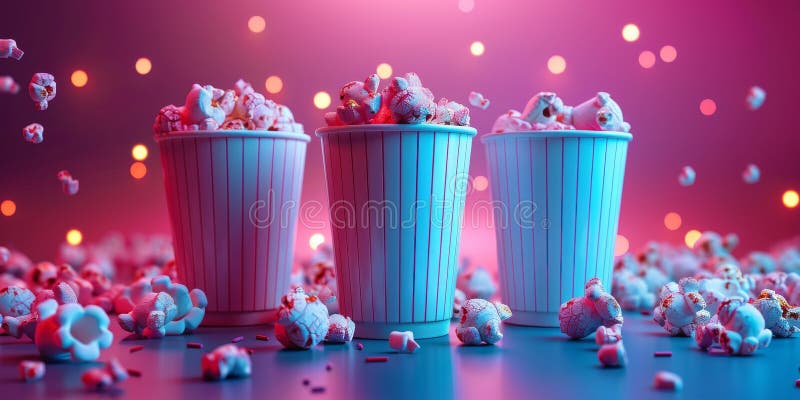 Three Buckets of Popcorn on a Table. Generative AI Stock Illustration ...