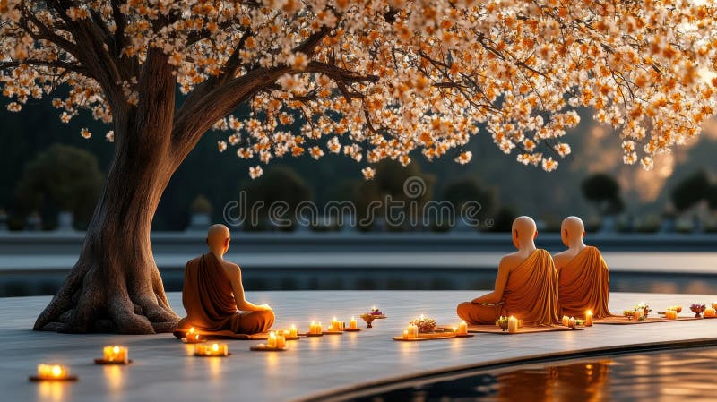 Three Buddhist Monks Sitting Under a Tree with Candles and Flowers, AI ...