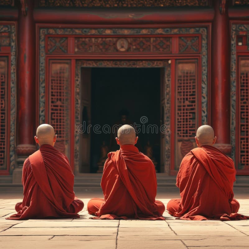 Three Buddhist Monks in the Temple Stock Illustration - Illustration of ...