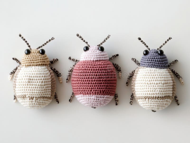 Three Bugs Made of Yarn are Sitting on a White Background Stock ...