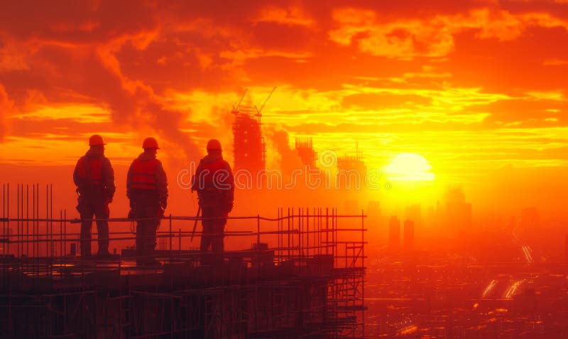 Three Builders Stand on the Roof at Sunset. Stock Image - Image of ...