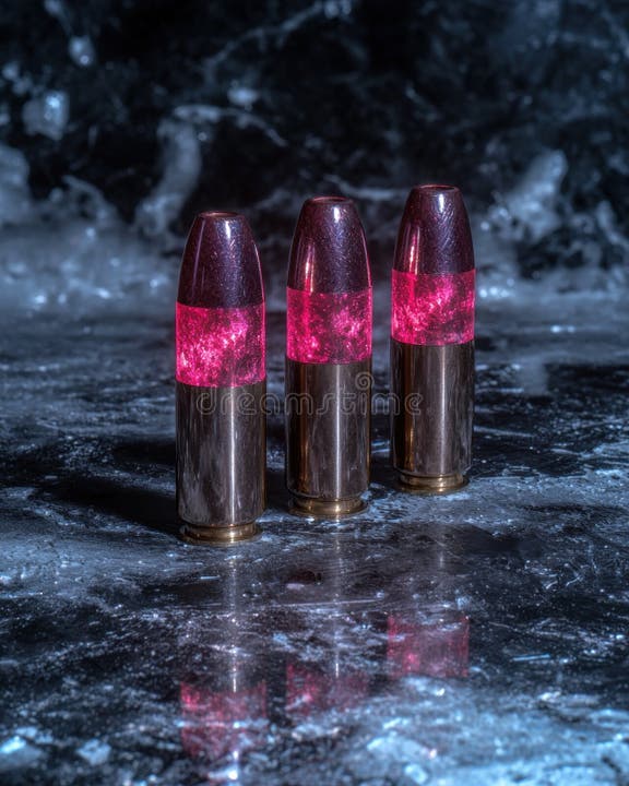 Three Bullets with a Pink Glow on a Dark Surface. Stock Illustration ...
