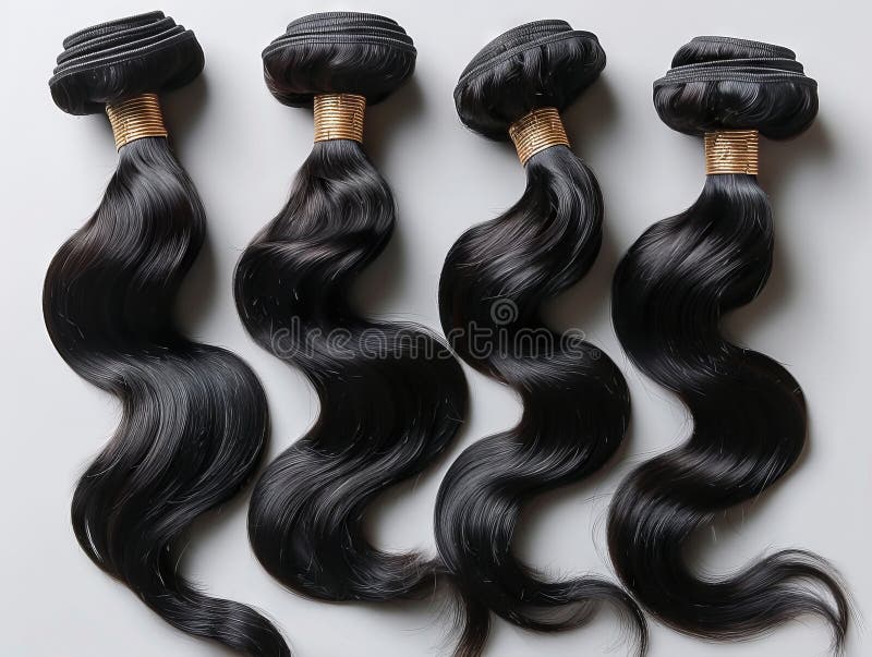 Three Bundles of Black Hair with Wavy Ends Stock Image - Image of ...