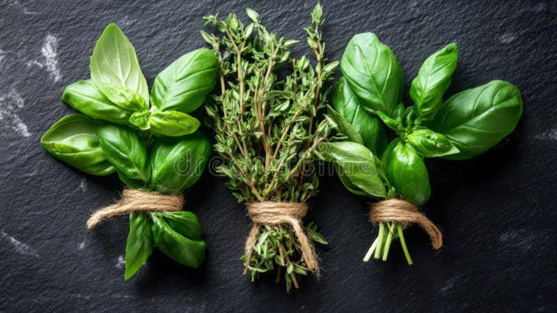 Three Bundles of Fresh Herbs on Black Background Stock Illustration ...