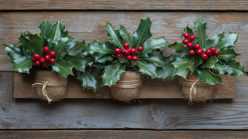 Three Bundles of Holly with Red Berries on Rustic Wooden Plank Stock ...