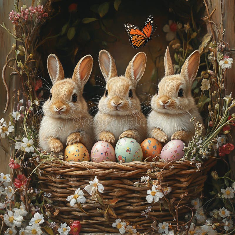 Three bunnies in a basket stock photo. Image of spring - 366803530