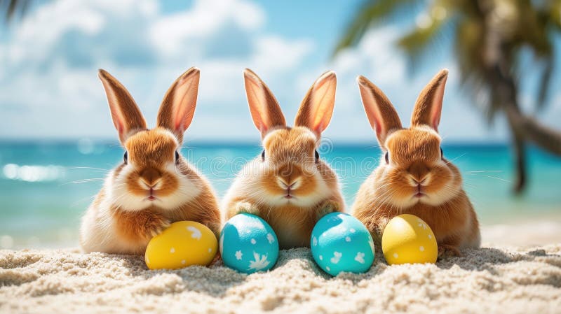 Three Bunnies with Colored Easter Eggs on a Tropical Beach Stock Image ...