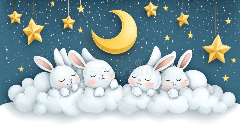Three Bunnies Doze Peacefully Surrounded by Stars and Clouds Stock ...
