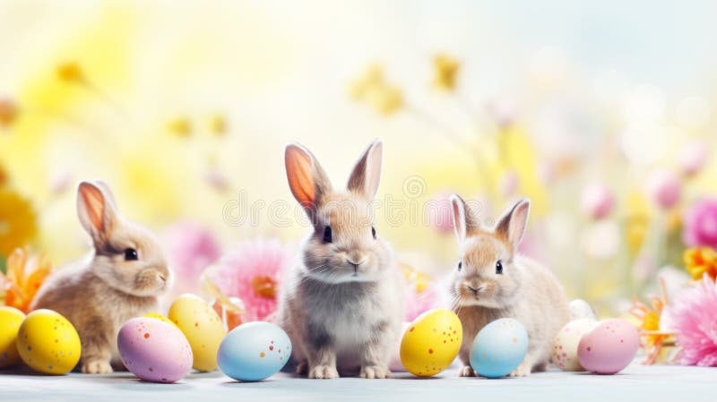 Three Bunnies with Easter Eggs Stock Illustration - Illustration of ...