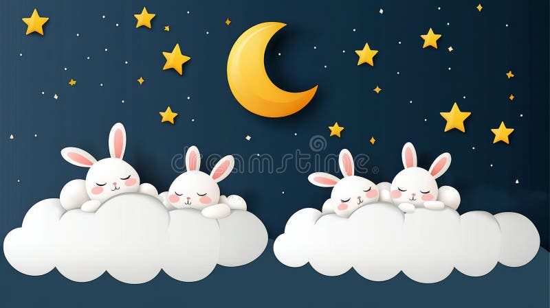 Three Bunnies Nap Peacefully Under the Stars and Clouds Stock Image ...