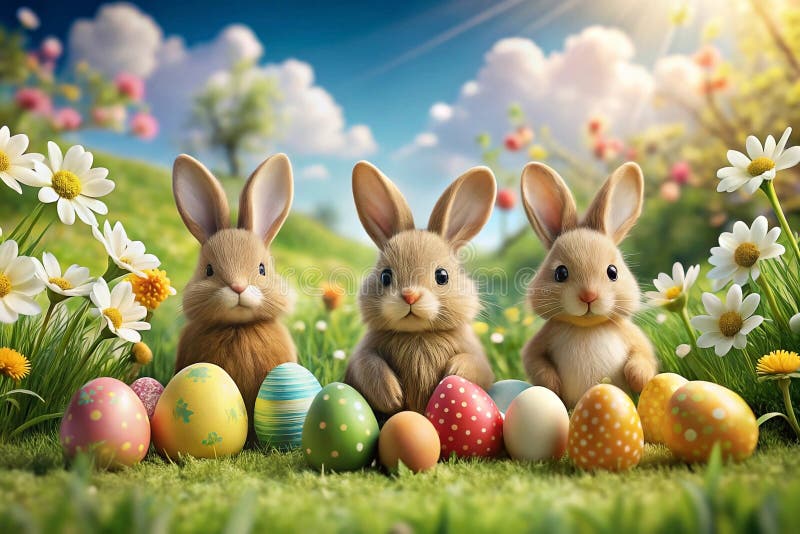 Three Bunnies Pose with Easter Eggs in a Sunny Spring Meadow Stock ...