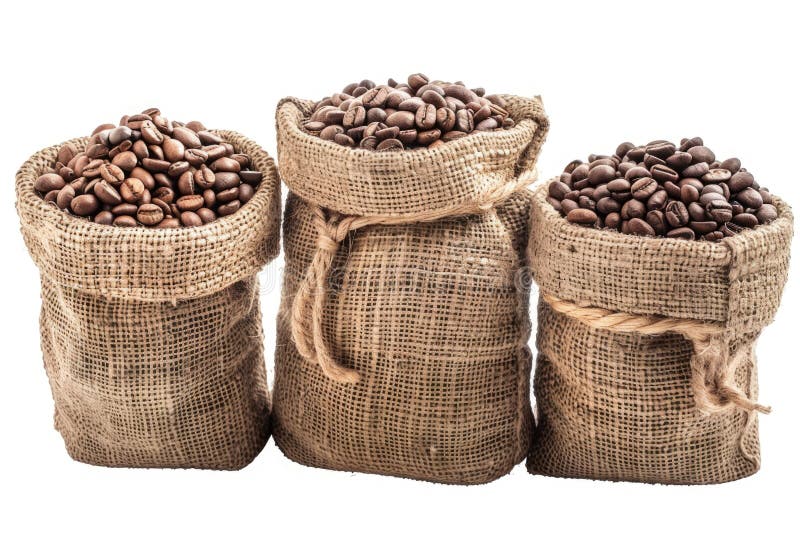 Three Burlap Sacks Filled with Coffee Beans, Ideal for a Rustic or ...