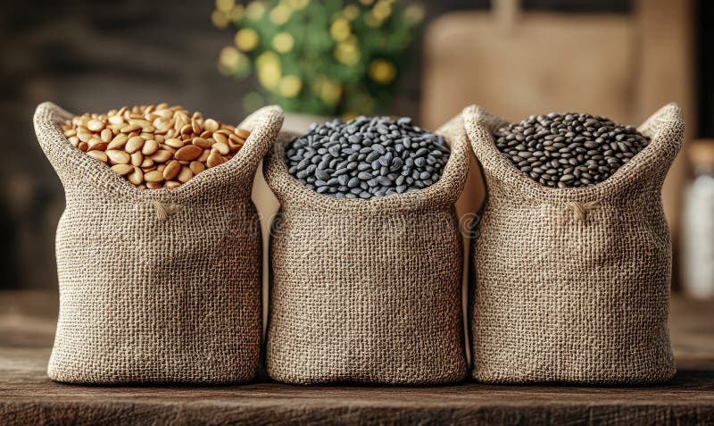 Three Burlap Sacks Filled with Different Types of Nutritious Beans on a ...