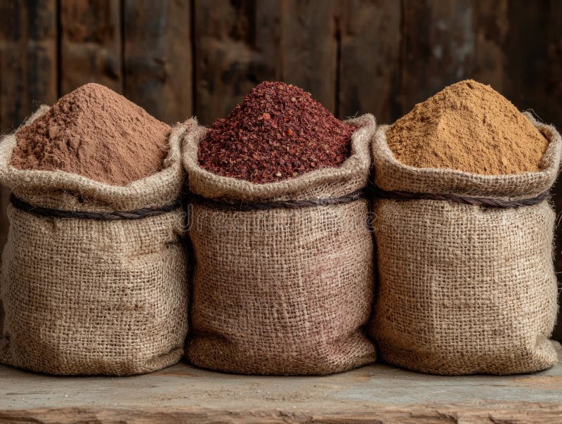 Three Burlap Sacks Filled with Various Spices Sit on a Wooden Surface ...