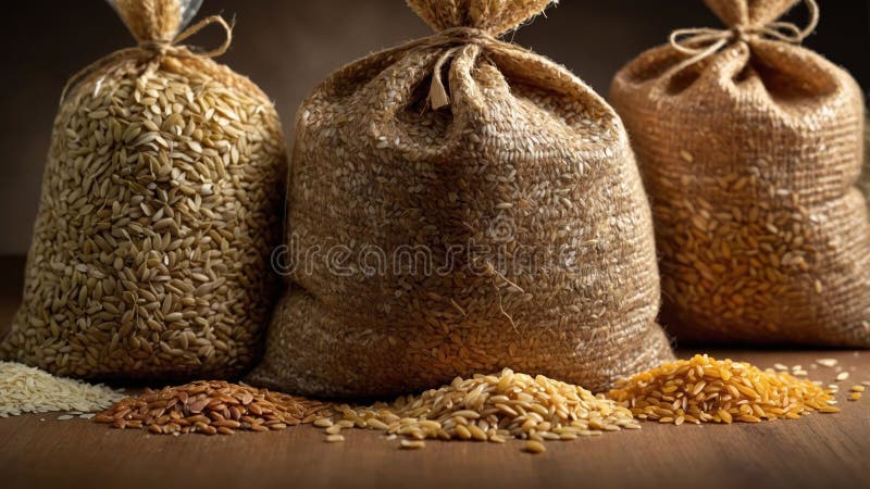Three Burlap Sacks Filled with Various Types of Grains, with Some ...