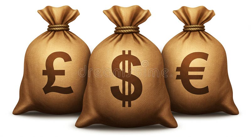 Three Burlap Sacks Stand Side by Side, Each with a Currency Symbol ...