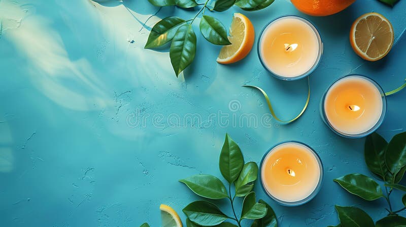 Three Burning Candles with Lemon Slices, Leaves and Sunlight on a Blue ...